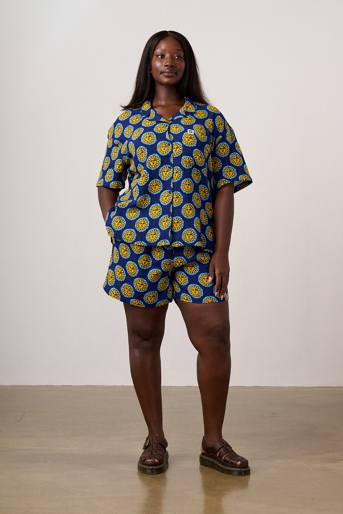 Charlie - Cotton Shorts in Navy Cosmic Suns Print – Lucy & Yak