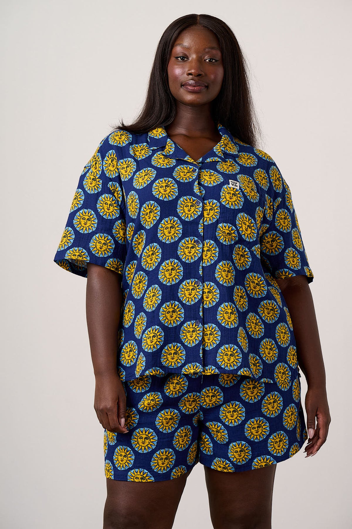 Charlie - Cotton Shorts in Navy Cosmic Suns Print – Lucy & Yak