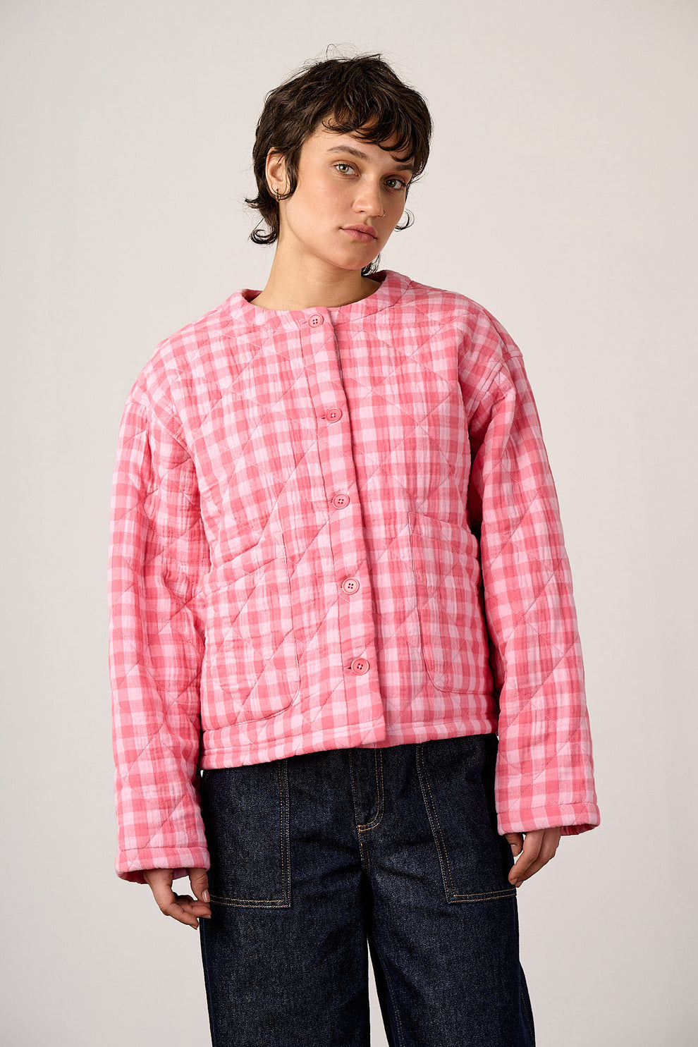 Cleo - Cotton Collarless Quilted Jacket in Pink Check – Lucy & Yak