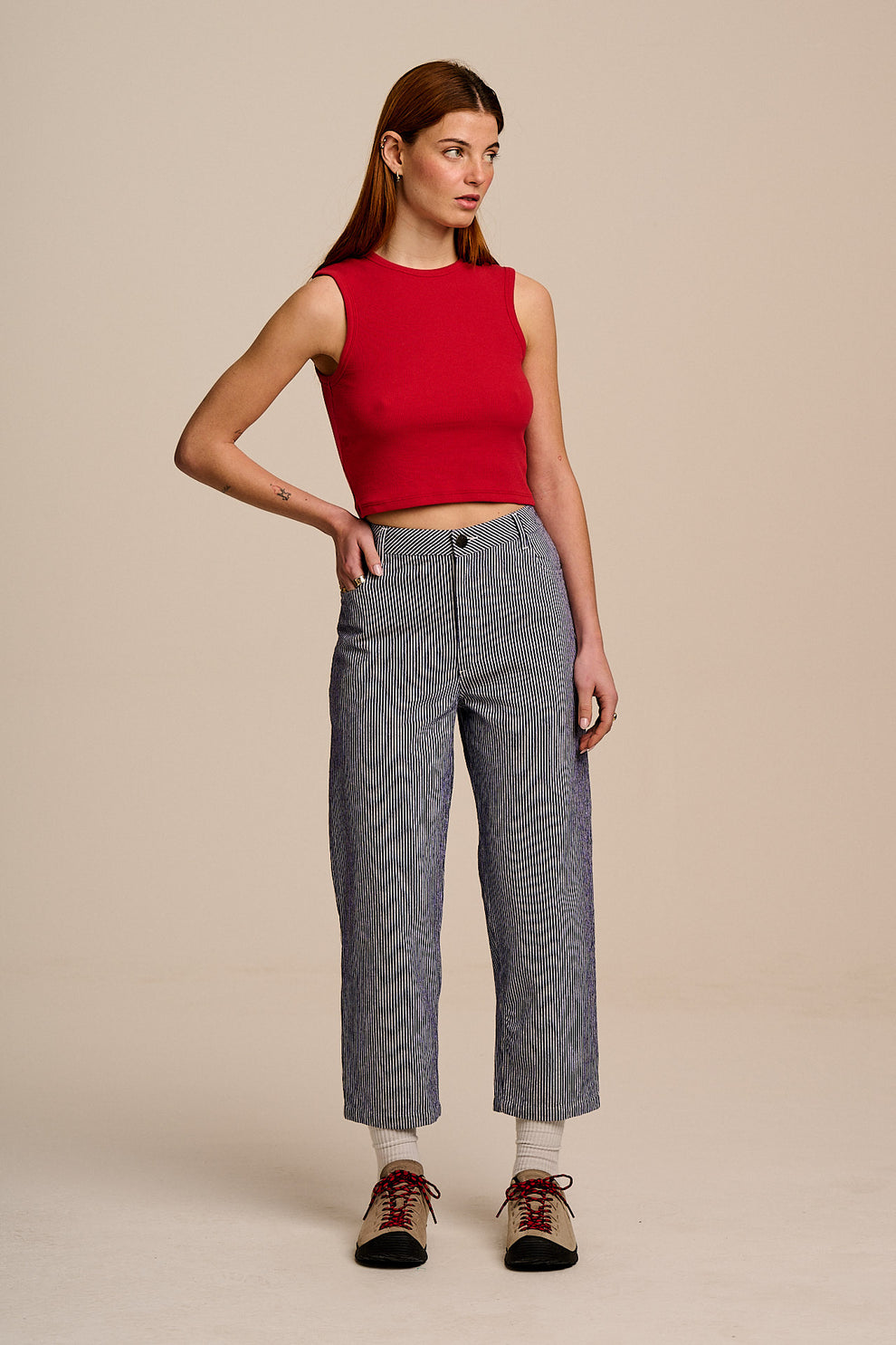 Drew - Cropped Straight Leg Cotton Trousers in Navy Stripe – Lucy & Yak