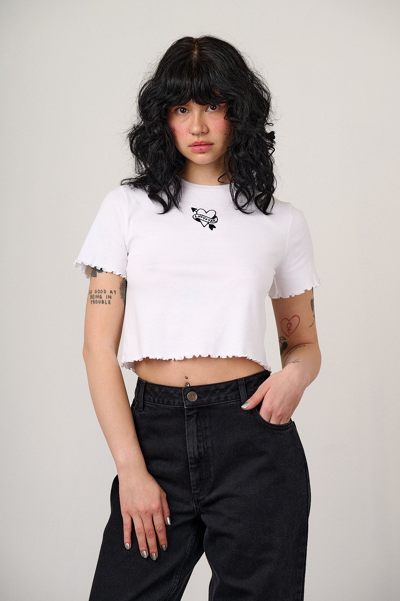 Greta - Cropped Cotton Top in White with Tattoo Heart Embroidery – Lucy ...