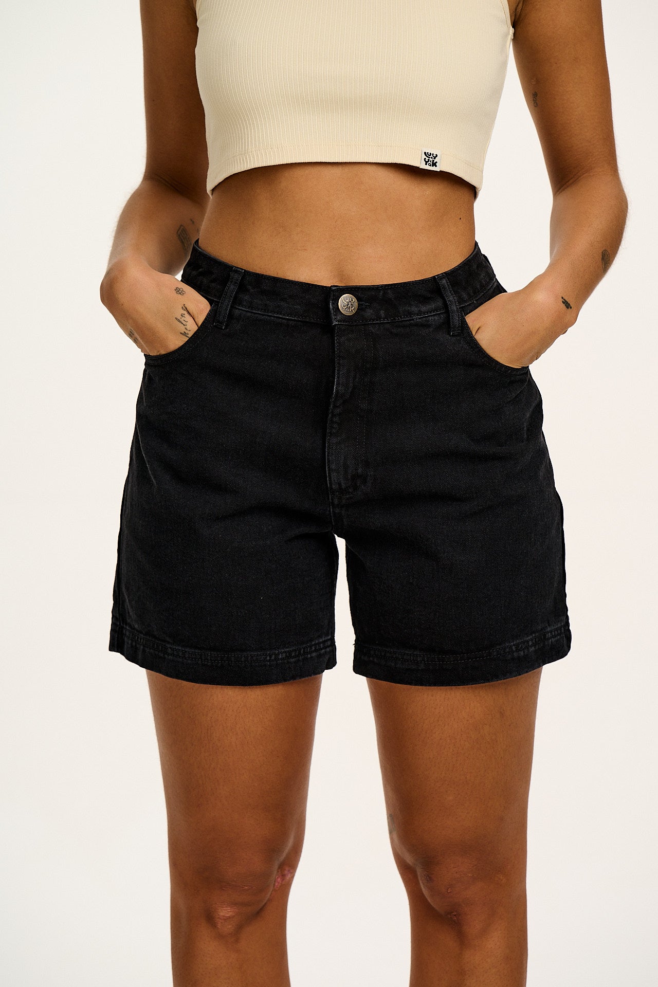 Lexi - High Waist Denim Shorts in Washed Black – Lucy & Yak